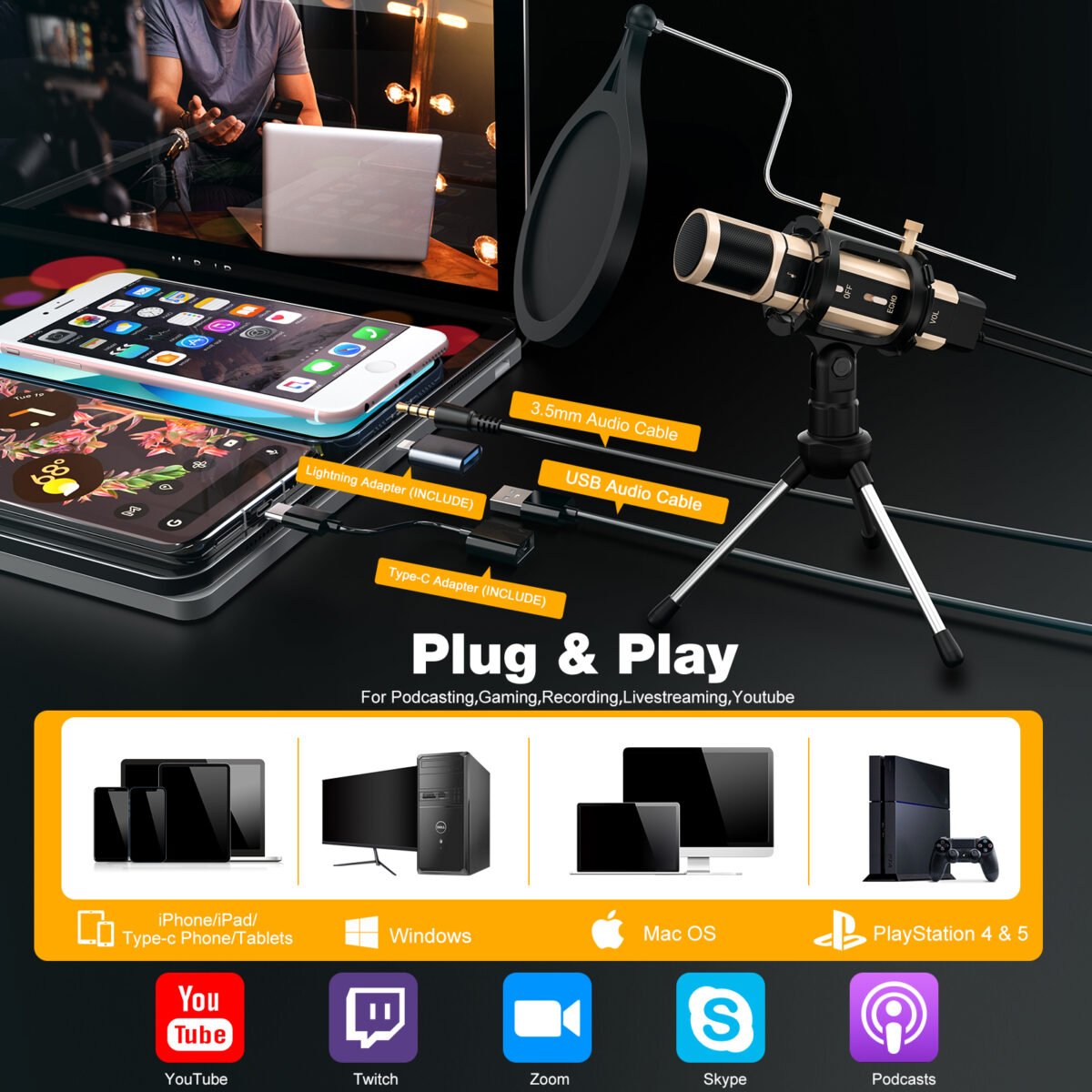 Microphones, Condenser Gaming Mic with Tripod Stand & Pop Filter for ...