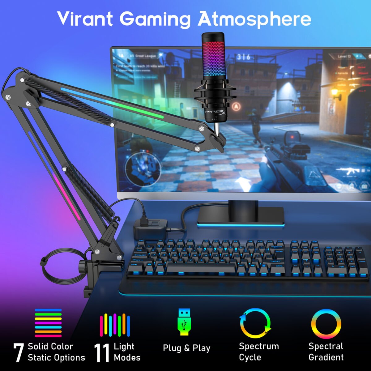 ZealSound RGB Microphone Arm Stand,Mic Arm with RGB Light for QuadCast ...