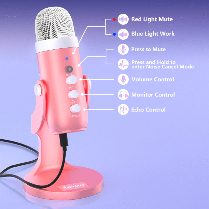 Haomuren Pink USB Gaming Microphone for PC/Phone/PS5, Studio Mic with ...