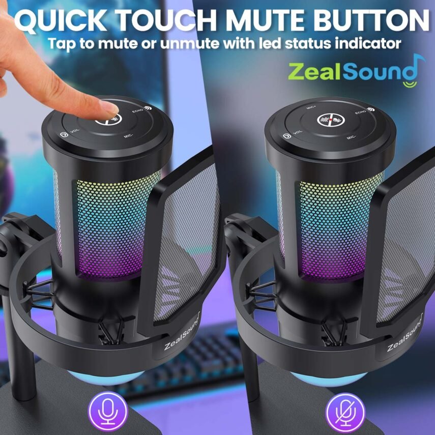 ZealSound Gaming USB Microphone with RGB Light, Noise Cancelling, Echo ...