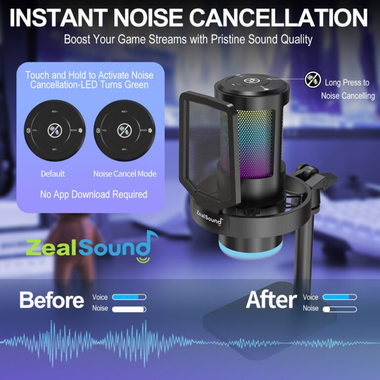 ZealSound Gaming USB Microphone with RGB Light, Noise Cancelling, Echo ...
