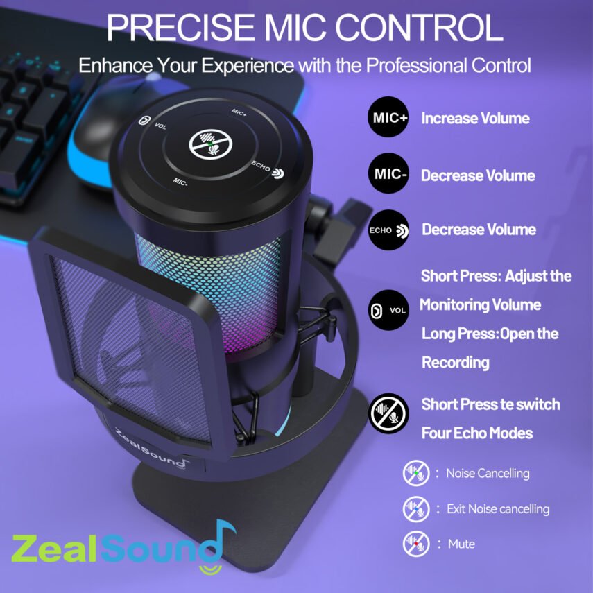 ZealSound Gaming USB Microphone with RGB Light, Noise Cancelling, Echo ...