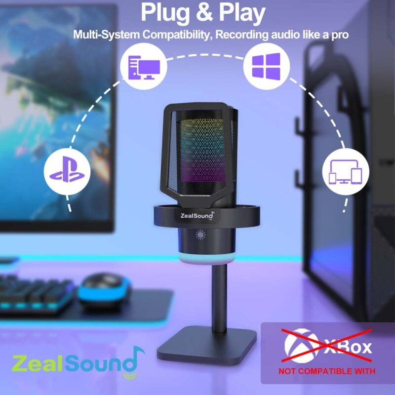 ZealSound Gaming USB Microphone with RGB Light, Noise Cancelling, Echo ...
